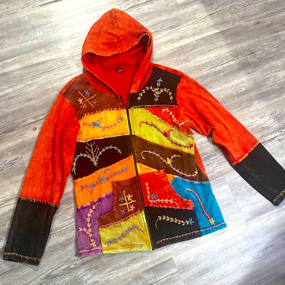 Tops | Made In Nepal Szl Patchwork Zip Front Hooded Top | Poshmark